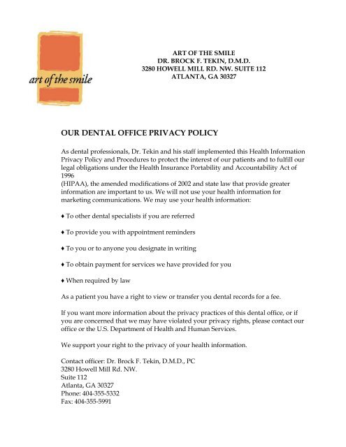 OUR DENTAL OFFICE PRIVACY POLICY - Dr. Brock Tekin