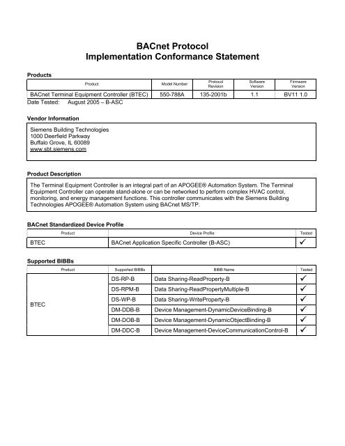 Bacnet Protocol Implementation Conformance Statement