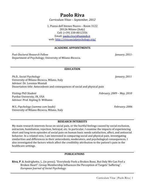 Paolo Riva CV - Paolo Riva - Social Psychology Network