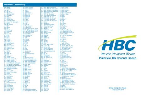 Alphabetical Channel Lineup - HBC