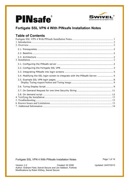Fortigate SSL VPN 4 With PINsafe Installation Notes ... - Swivel Secure