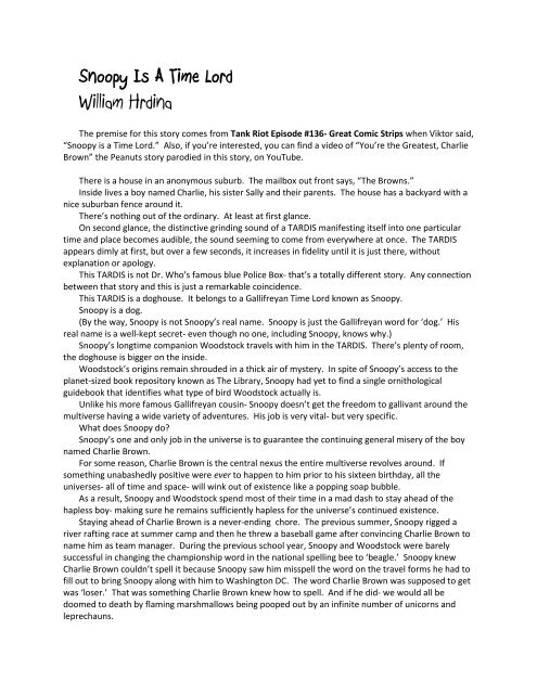 Snoopy Is A Time Lord William Hrdina - Hrdina, William