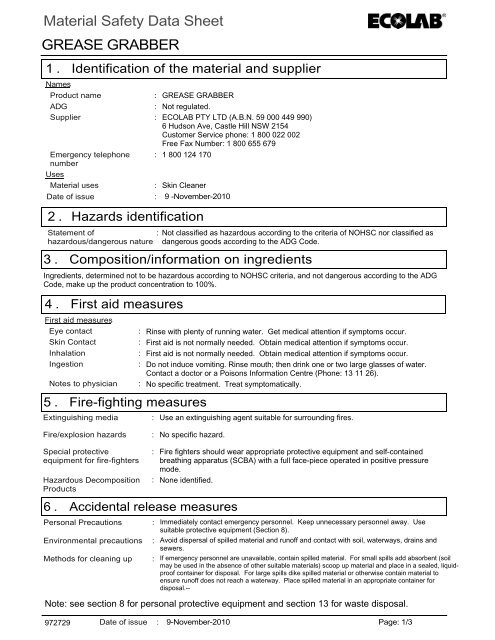 Ecolab - Grease Grabber - msds - Rapidcleanperth.com.au