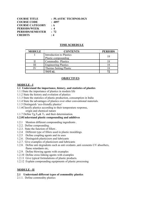 COURSE TITLE : PLASTIC TECHNOLOGY COURSE CODE : 4097 ...