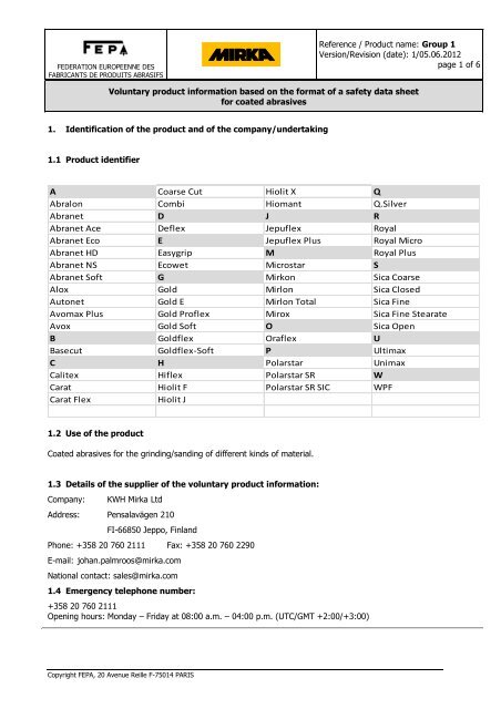 material safety data sheet for coated abrasives - KWH Mirka Ltd