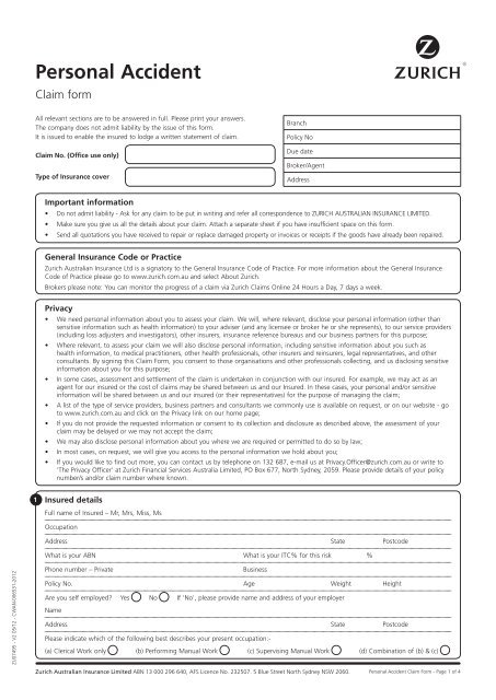 Zurich Personal Accident Claim Form - AIS Insurance Brokers
