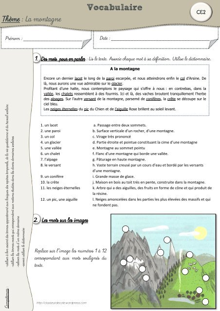CE2 Vocabulaire -thème La montagne - classeurdecole
