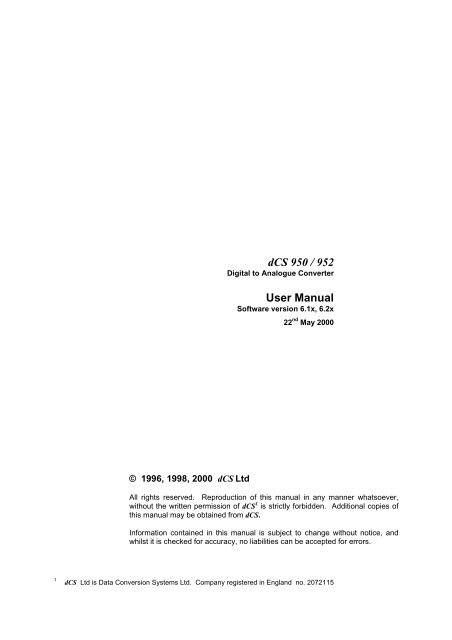 dCS 950 / 952 User Manual - Richmond Film Services