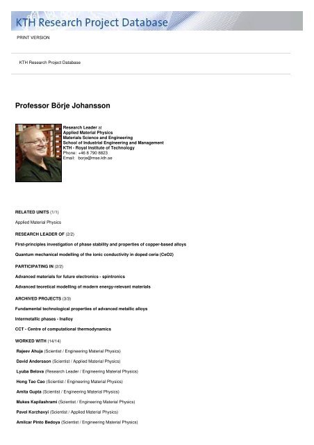 KTH Research Project Database - Professor BÃ¶rje Johansson