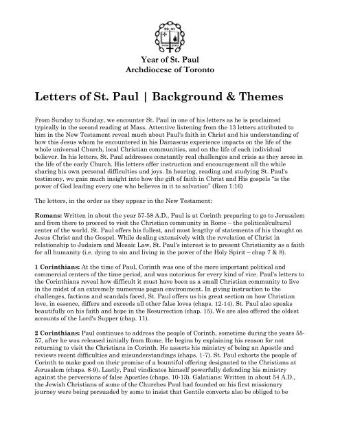 Letters of St. Paul | Background & Themes - Archdiocese of Toronto