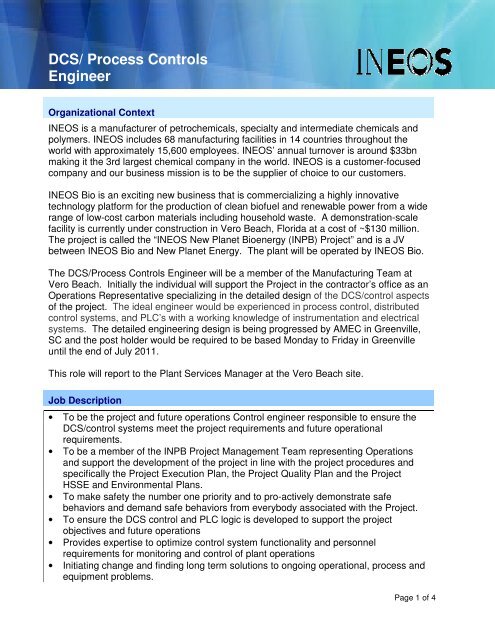 DCS/ Process Controls Engineer - INEOS Bio