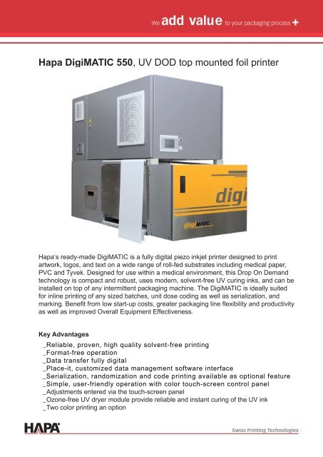 Hapa Digimatic 550, UV DOD top mounted foil printer