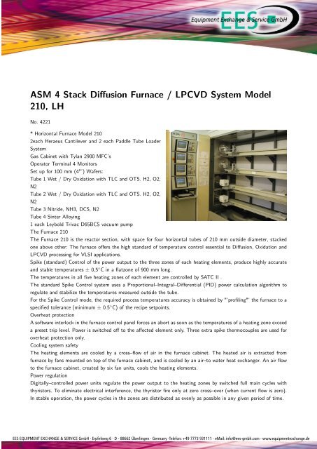 ASM 4 Stack Diffusion Furnace / LPCVD System Model 210, LH