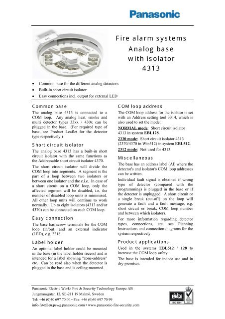 Fire alarm systems Analog base with isolator 4313 - Panasonic