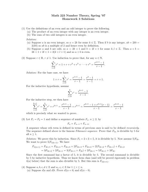 Math 223 Number Theory, Spring '07 Homework 3 Solutions