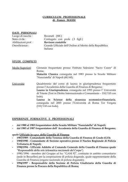 CURRICULUM PROFESSIONALE di Franco MASSI DATI - Cnel