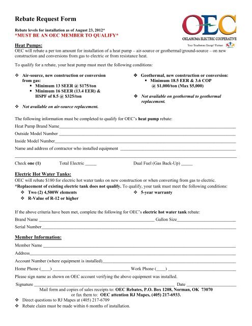 OEC's Rebate Request Form - Oklahoma Electric Cooperative