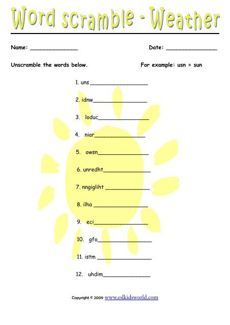 Word scramble weather worksheet - ESL Kids World
