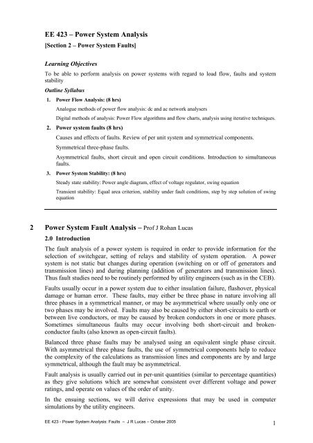 EE 423 – Power System Analysis 2 Power System Fault Analysis ...