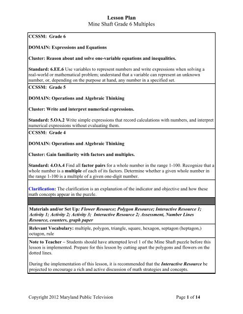 Lesson Plan Mine Shaft Grade 6 Multiples Lesson Plan Mine Shaft Grade 6 Multiples