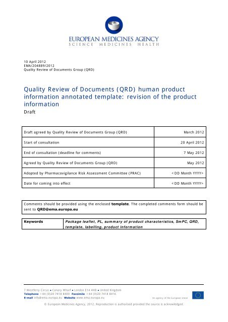Draft QRD human product information template - PAINT-Consult