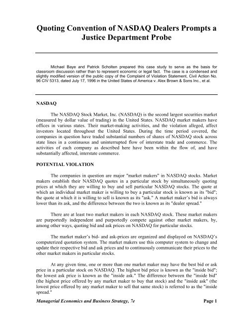 Quoting Convention of NASDAQ Dealers Prompts a Justice ...