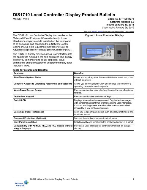 DIS1710 Local Controller Display Product Bulletin - Johnson Controls