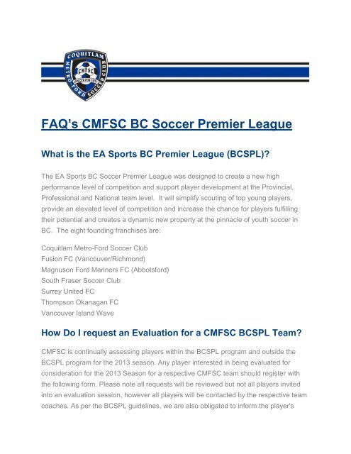 2013 BCSPL Season FAQ - Coquitlam Metro-Ford Soccer Club