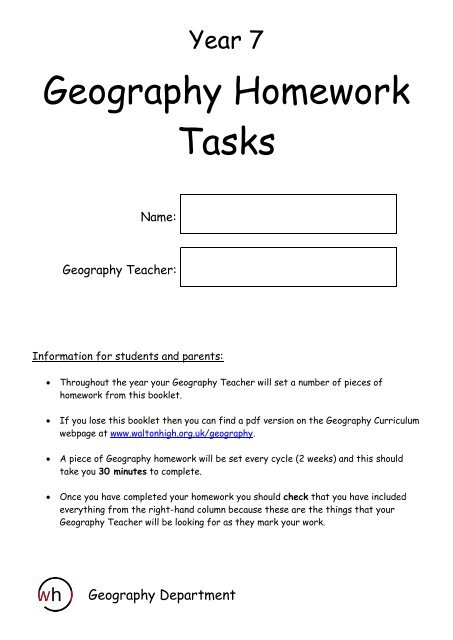 Year 7 Geography Homework Tasks (2013-2014)