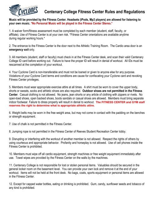 Centenary College Fitness Center Rules and Regulations