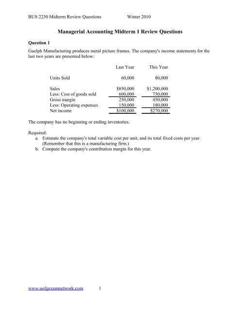 Managerial Accounting Midterm 1 Review Questions - University of ...