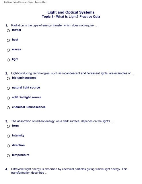 Light and Optical Systems - Topic 1 Practice Quiz - Ed Quest