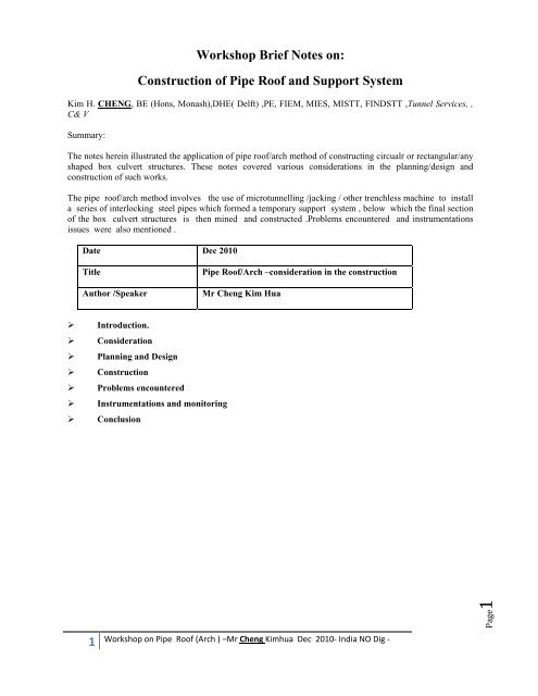 Workshop Brief Notes on: Construction of Pipe Roof and Support ...