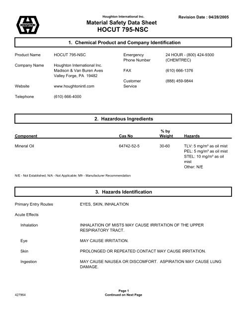 MSDS HOCUT 795-NSC - Quality Tools & Services, Inc.