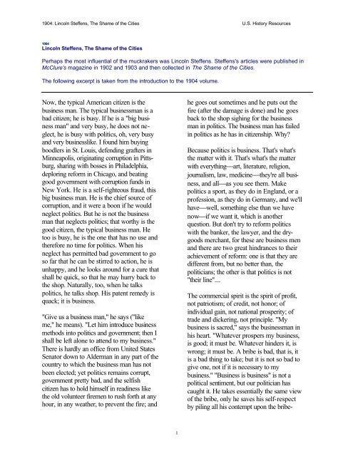 1904: Lincoln Steffens, from The Shame of the Cities