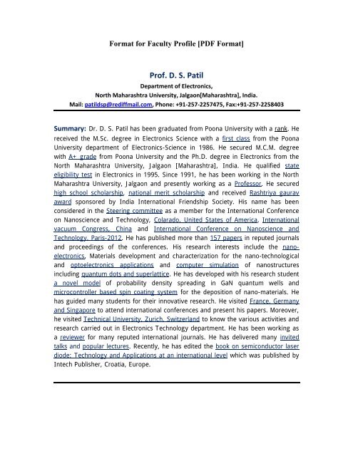 Format for Faculty Profile [PDF Format] - North Maharashtra University