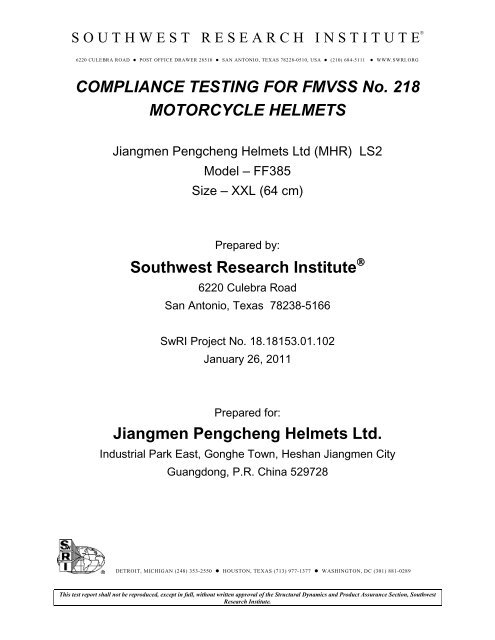 COMPLIANCE TESTING FOR FMVSS No. 218 ... - LS2 Helmets