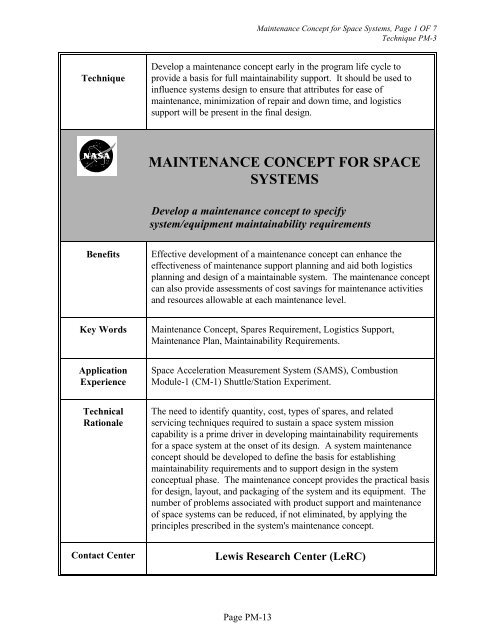 MAINTENANCE CONCEPT FOR SPACE SYSTEMS - NASA