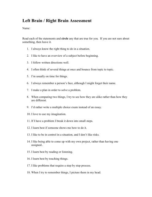 Left Brain / Right Brain Assessment