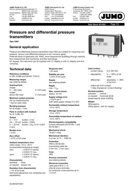 Pressure and differential pressure transmitters - Jumo