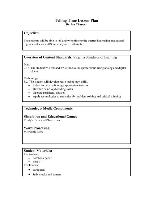 Telling Time Lesson Plan
