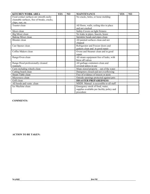 KITCHEN WORK AREA YES NO