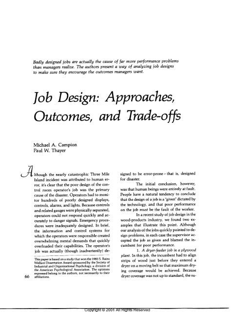 Job Design: Approaches, Outcomes, and Trade-offs.