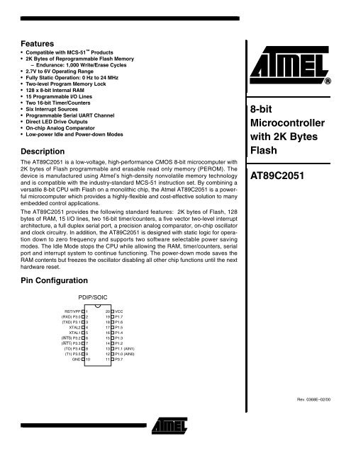 AT89C2051, 8-bit MCU with 2K Bytes Flash