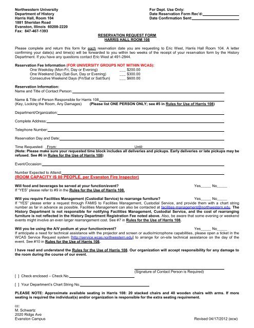 Harris 108 Reservation Request form and Rules for Use