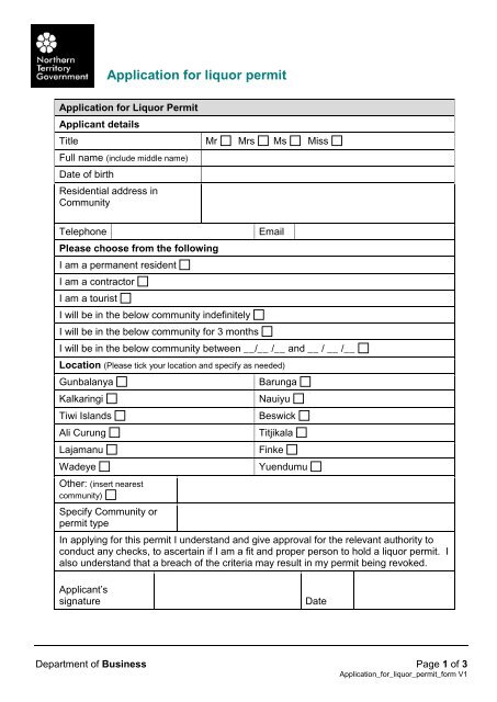 Application for liquor permit - Department of Business