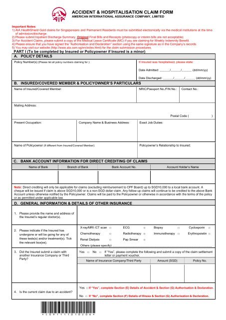 ACCIDENT & HOSPITALISATION CLAIM FORM - AIA Singapore