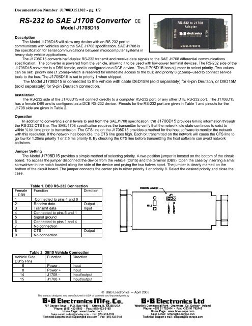 J1708D15 - RS-232 to SAE J1708 Converter