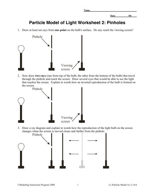 Particle Model of Light Worksheet 2: Pinholes - Modeling Physics