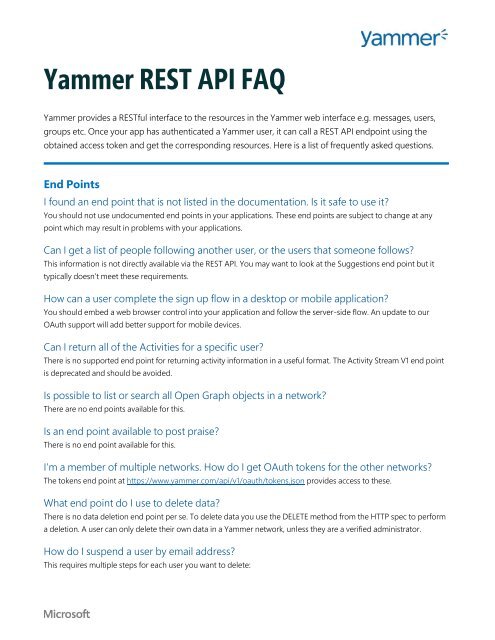 Yammer REST API FAQ